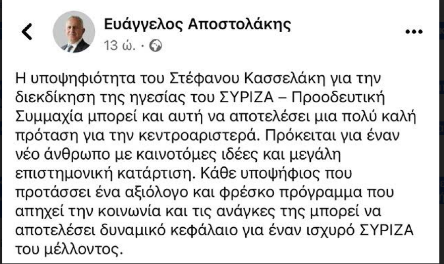 Αποστολάκης: Η υποψηφιότητα Κασσελάκη «μπορεί και αυτή να αποτελέσει ...